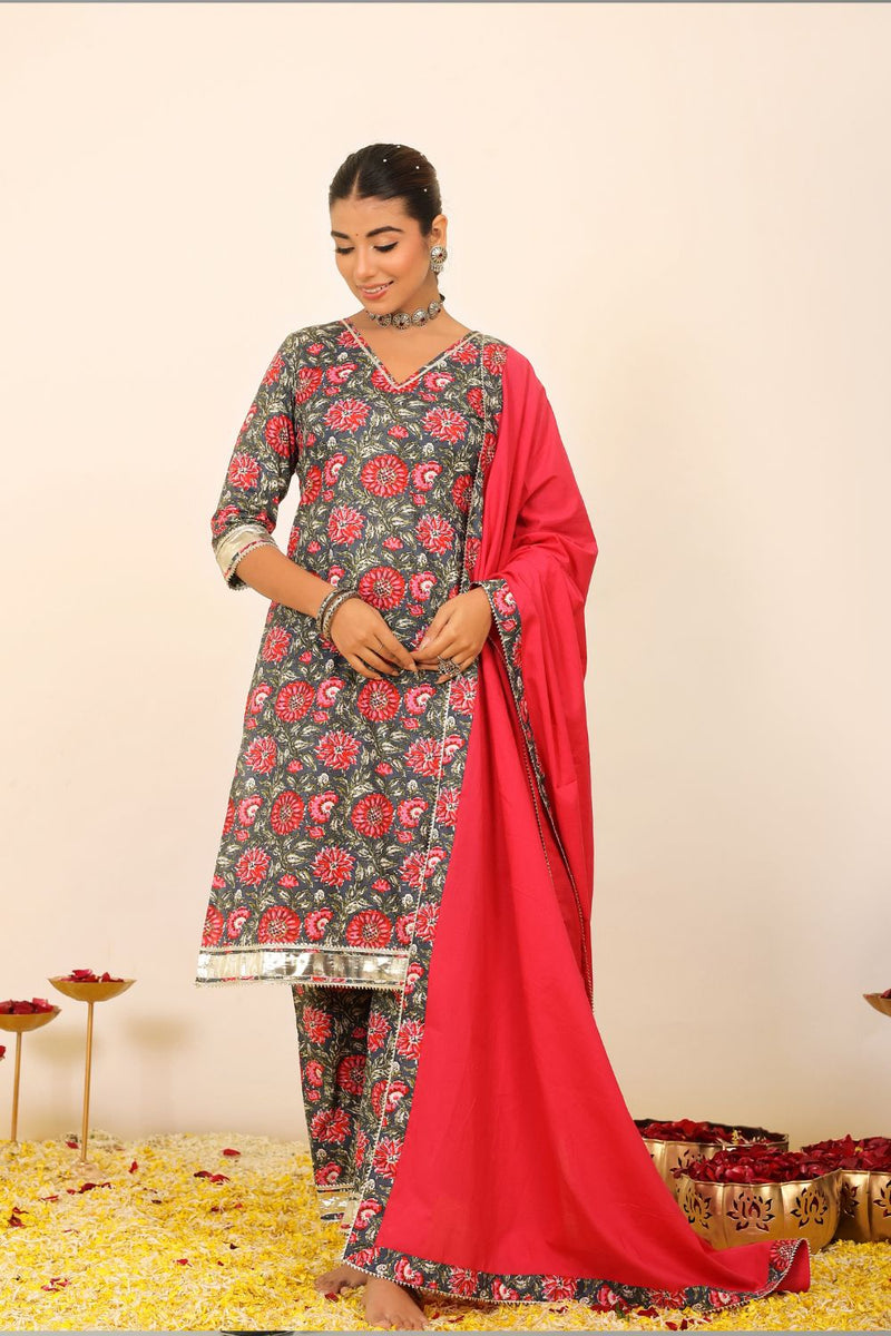 Floral Printed Multicolor Kurta Set Paired With Pant and Pink Dupatta ...